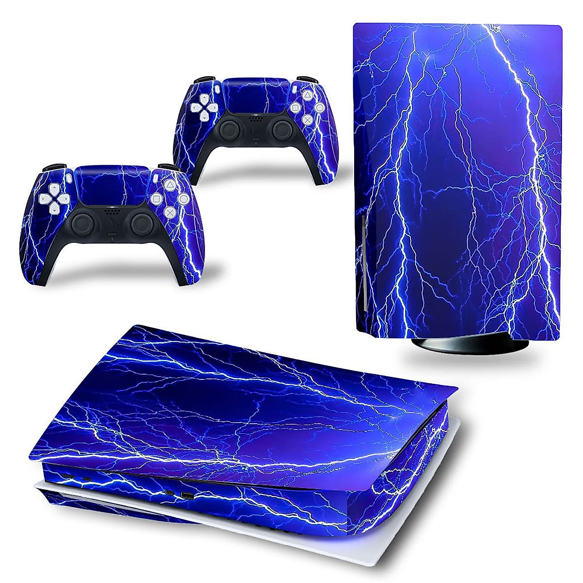 DOMILINA Full Body Vinyl Skin Decal Cover for PS5 Disk Edition Console & Controllers - Blue Lightning