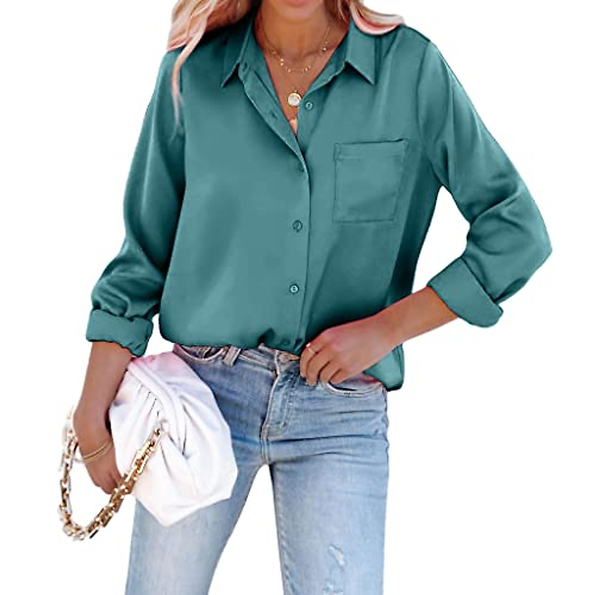 Pausus Collared Satin Shirt Womens Casual Long Sleeve Button-Up Collared Silk Blouse with Pocket(Peacock Blue,S)