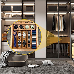 ORIDOM Expandable Bamboo Kitchen Drawer Organizer for Cutlery and Utensils, Adjustable Bamboo Wood Cutlery Tray in Drawer for Flatware and Silverware in Kitchen, 5-7 Slots, (Black)