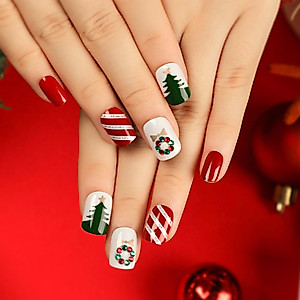 Christmas Press on Nails Short Square Fake Nails with Rhinestone Wreath Designs Acrylic Nails Cute Red White Elk Deer Winter Green Xmas Tree Glue on Nails for Women Girls 24 Pcs