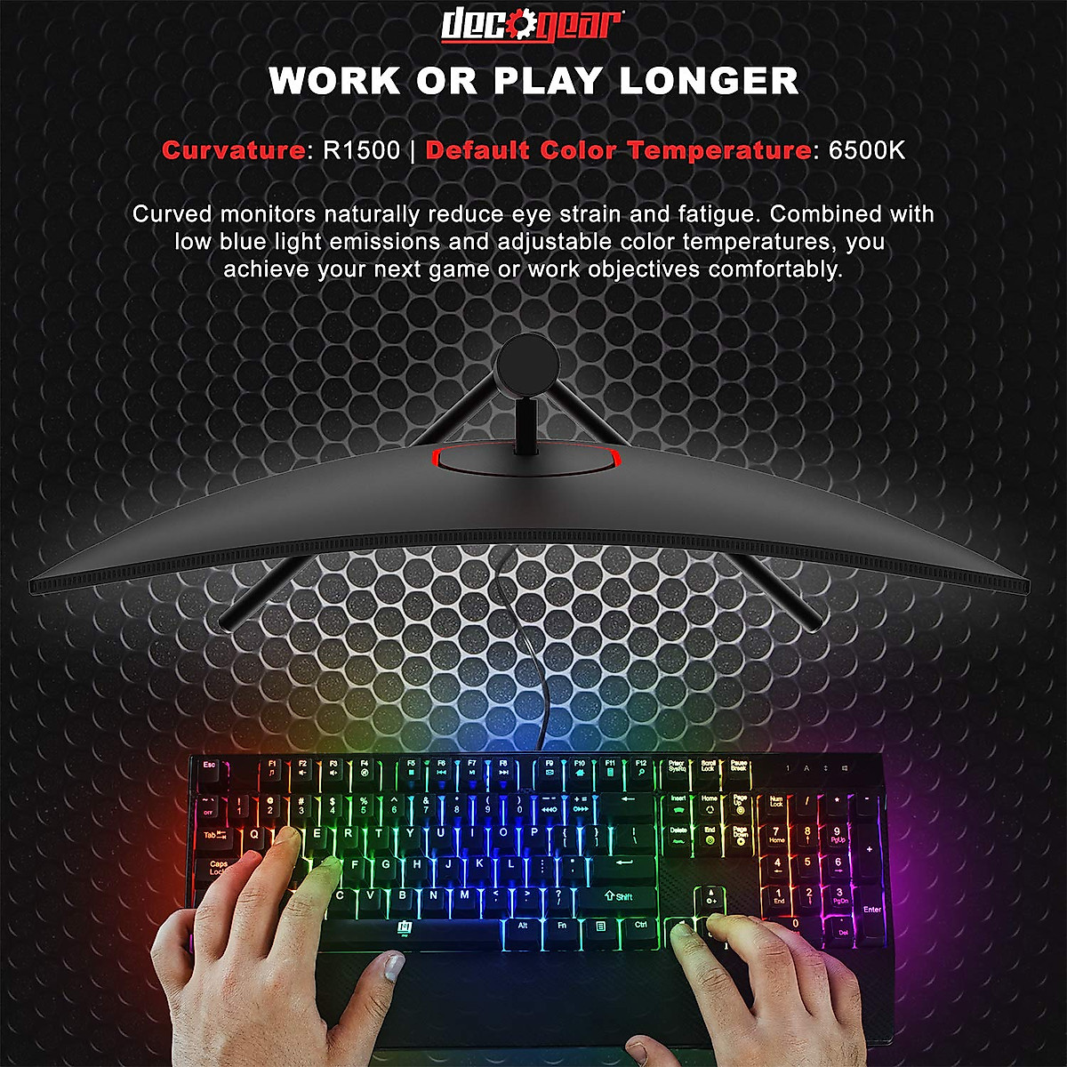 Deco Gear 27-Inch 2560x1440 HDR 400 Color Accurate Curved Gaming Monitor, VA Panel, 16:9 Aspect Ratio, 3000:1 Contrast Ratio, 99% sRGB, 85% NTSC, 90% DCI-P3, 83% Adobe RGB, 144Hz Refresh Rate