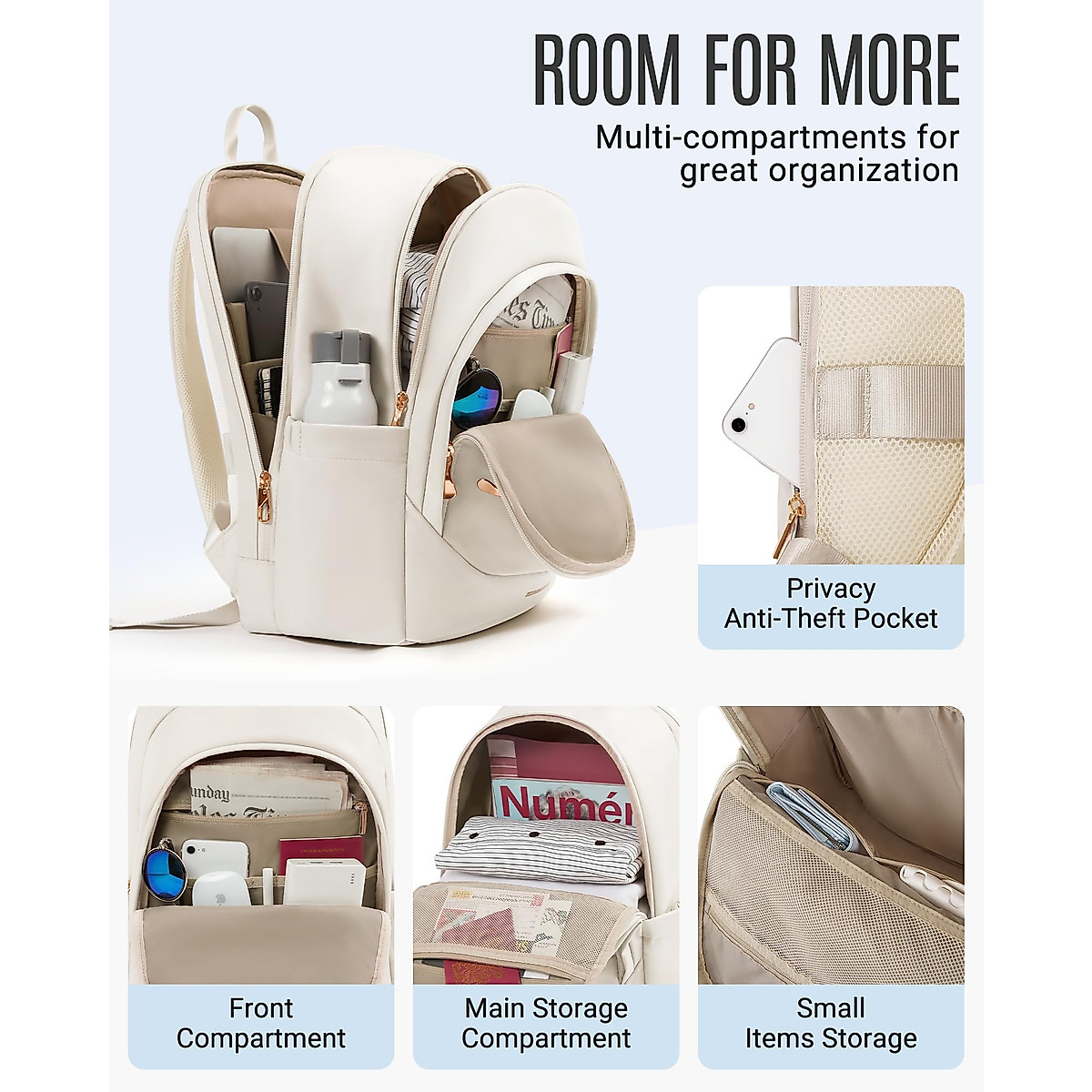 LIGHT FLIGHT Travel Laptop Backpack for Women, 15.6 Inch Anti Theft Backpack with USB Charging Hole, Water Resistant College Bookbag, Large Capacity Black Computer Backpacks for Work, Beige