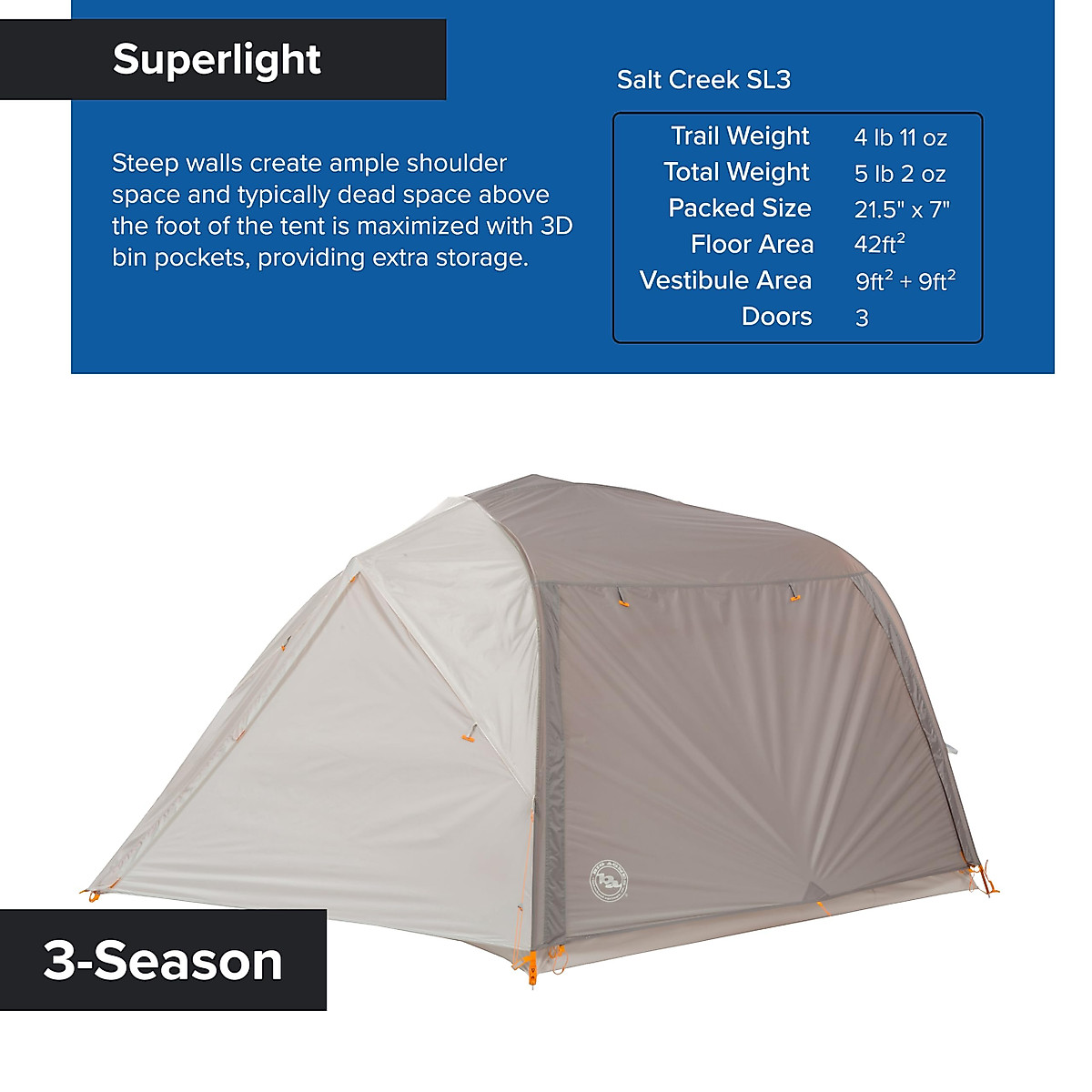Big Agnes Salt Creek SL Backpacking Tent, 3 Person