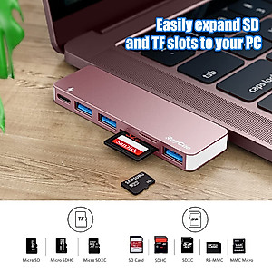 RayCue USB C Hub Adapter for MacBook Pro/Air M1 M2 M3 2023-2016, 6 in-1 USB-C Accessories Compatible with MacBook Pro 13″ and 15″ with 3 USB 3.0 Ports, TF/SD Card Reader, USB-C Power Delivery (Pink)