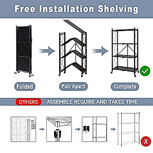 MYDENIMSKY 4 Tier Storage Shelf, Heavy Duty Foldable Shelving Units with Wheels, Metal Storage Rack, Wire Shelving Units No Assemble Required, Moving Easily Great for Laundry Garage Kitchen, Black