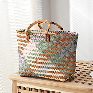 LDTDO Women's Woven Bag Tote Bag Shoulder Portable Large Capacity Cane Woven Shoulder Bag (Color : D, Size : 1)
