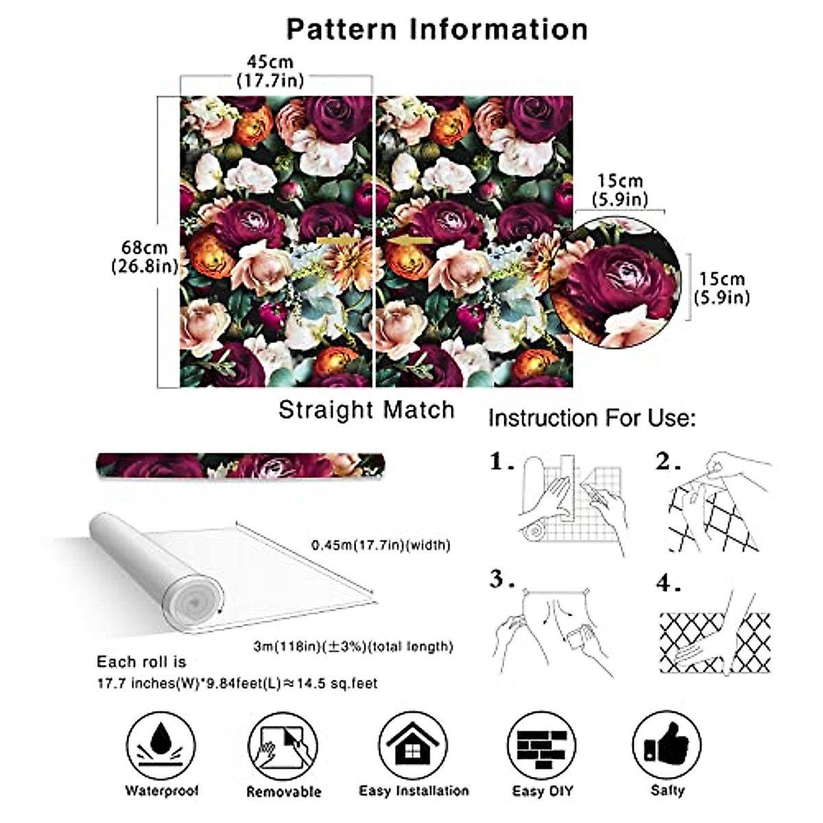 HAOKHOME 93277 Peel and Stick Floral Wallpaper Rose Daisy Removable Black/Pink/Purple Stick on Wild Mural 17.7in x 9.8ft