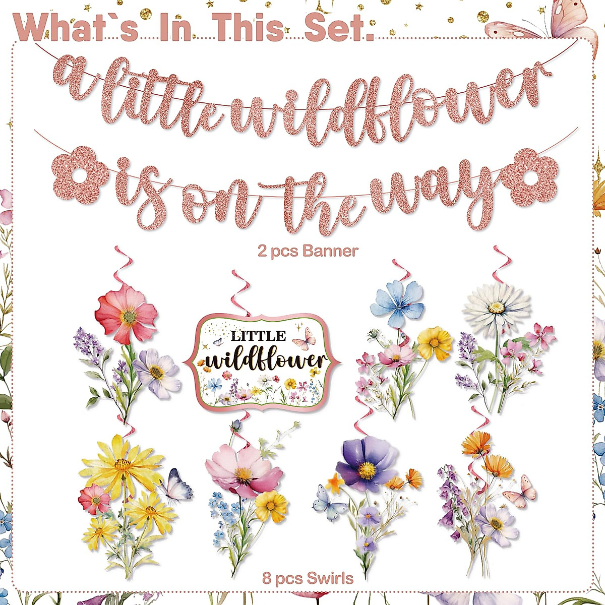 Cocomigo Wildflower Baby Shower Decorations Banner Hanging Swirls, 17pcs Floral Baby Shower Decorations for A Little Wildflower is on Her Way Baby Shower, Flower Baby Shower Decorations Rose Gold