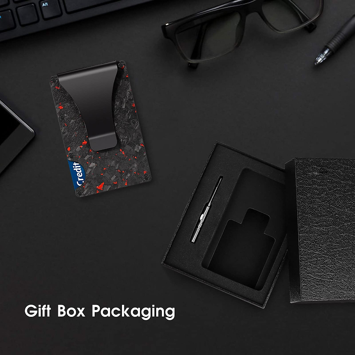 OTO Money Clip for Men-RFID Blocking Carbon Fiber Wallet,Minimalist Slim Wallet with Gift Box,Aluminum Metal Credit Card Holder（Forged Red）