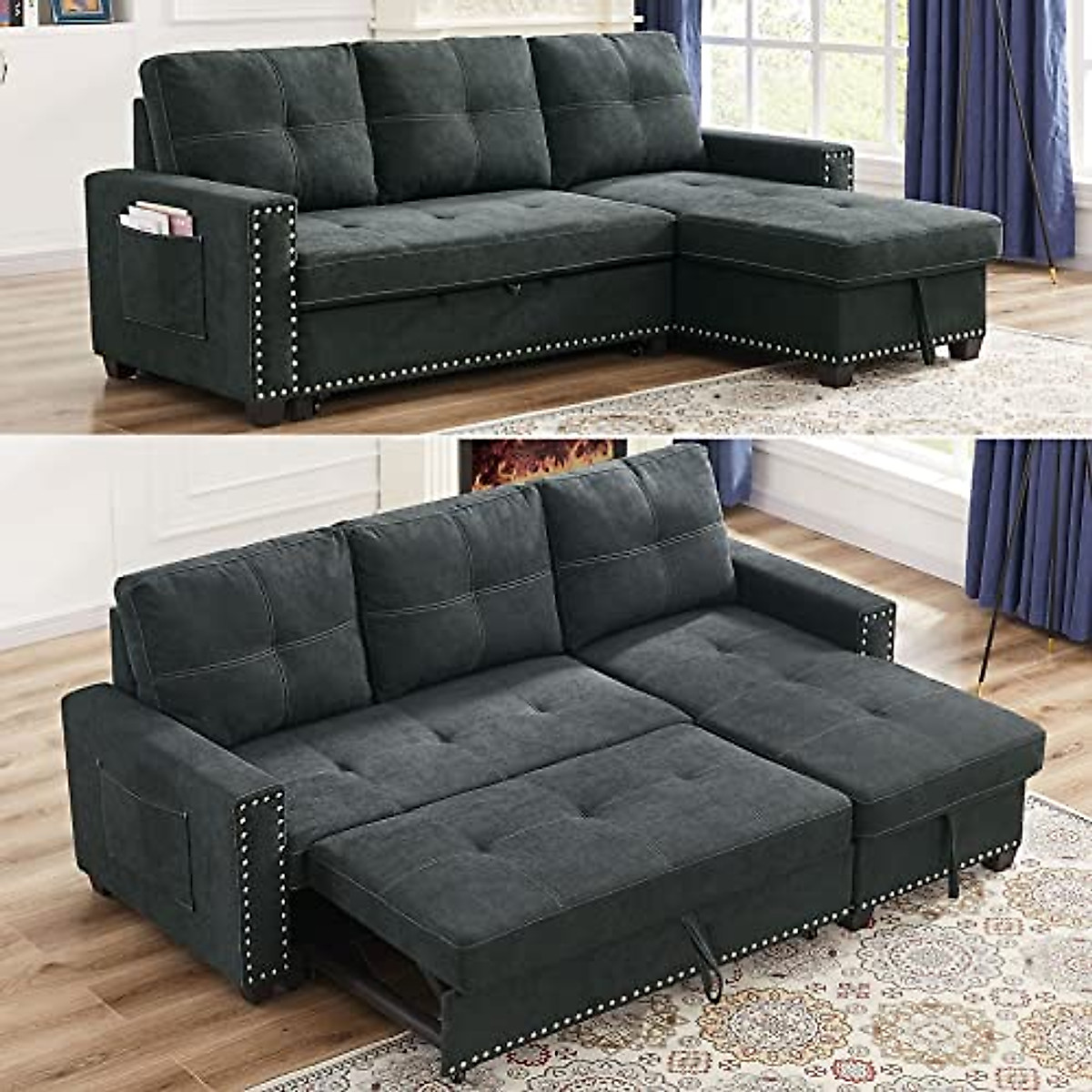 EMKK Home Reversible Sleeper Sectional Sofa Chaise, L-Shape Sofá Pull-Out Bed w/Side Storage Bag Furniture Setfor Apartment,Living Room,Office, Black 82“