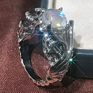 CHWLNJN S925 Sterling Silver Hollow Blank Swan Colorful Moonstone Ring Cubic Zirconia Ring Fashion Vintage Ladies Ring Anniversary Luxury Jewelry (6)