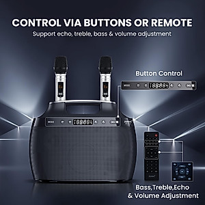 RHM K999 Karaoke Machine with Powerful Sound & Echo/Treble/Bass Adjustment, 2 Wireless Microphones & Remote Control, 4 Sound Modes, 7 Hours Playtime, Support Bluetooth/AUX/USB for Party