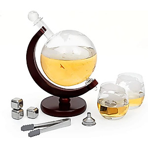 Whiskey Decanter Set, Etched World Globe, Crafted Glass Sailing Shipe, 1000ml Capacity, Ice Tongs, Whiskey Stones, Home Bar Liquor Decoration, Alcohol Gifts for Father& Husband