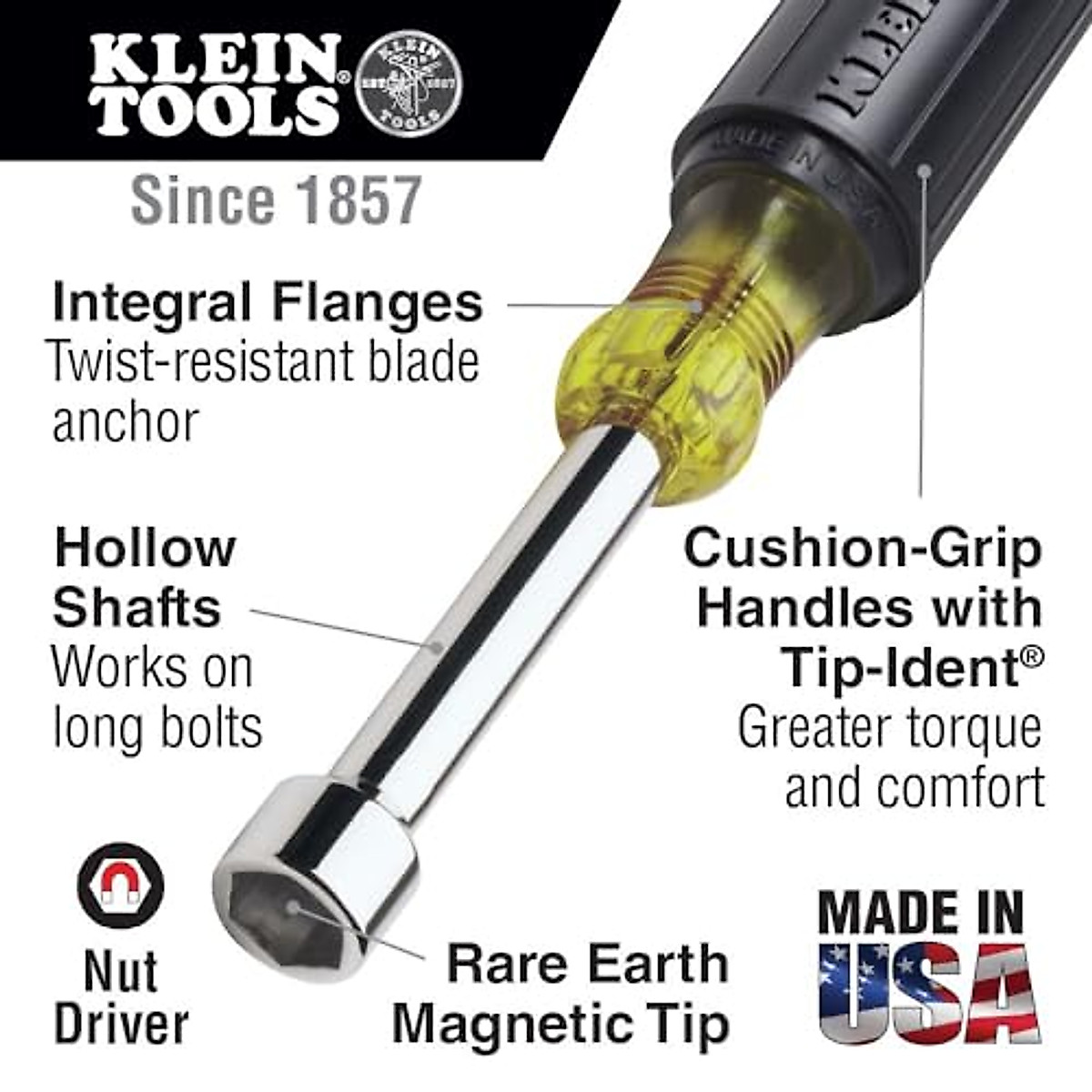 Klein Tools 630-1/4M Nut Driver, 1/4-Inch Magnetic Tip Nut Driver with 3-Inch Hollow Shaft, Cushion Grip Handle