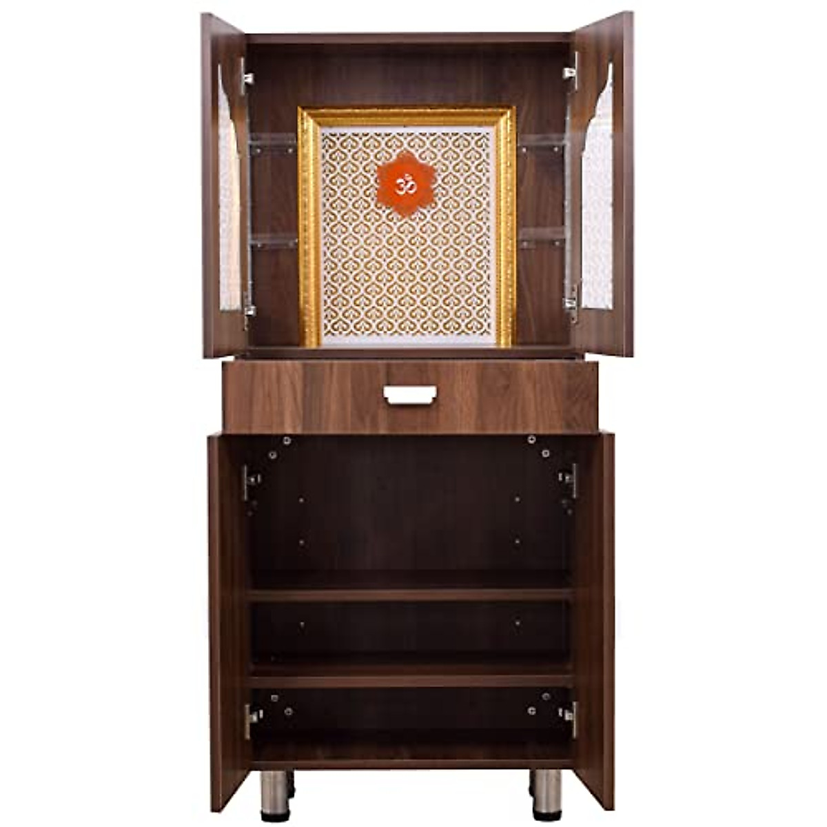 The Mandir Store Wooden Mandir with Doors Led Lights Storage Cabinet in Walnut Colour