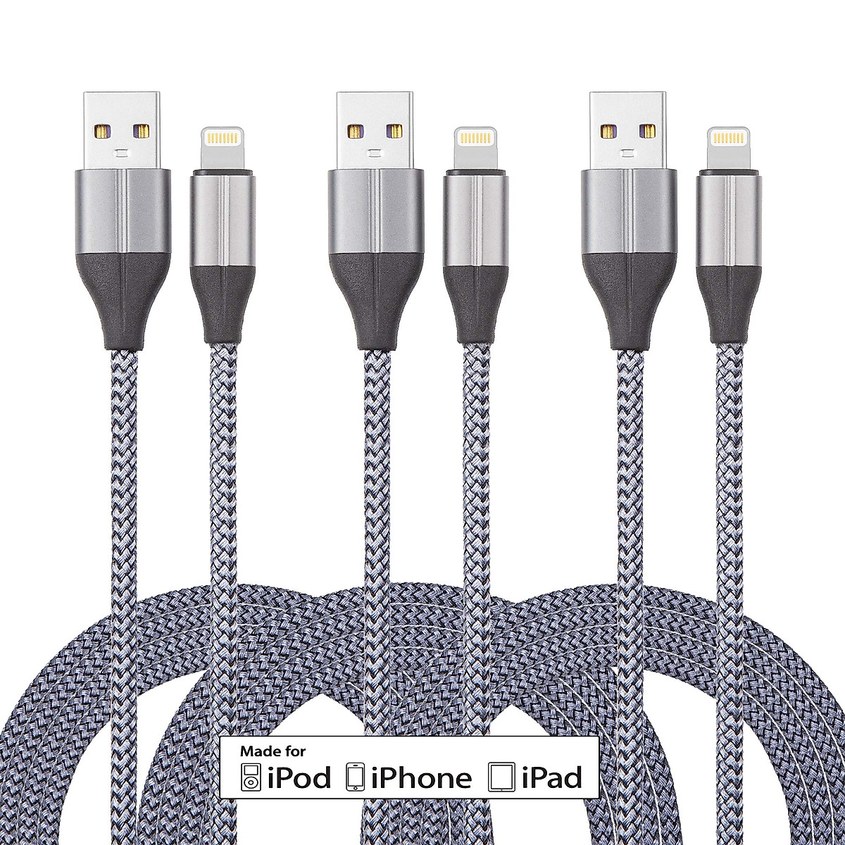 FEEL2NICE iPhone Charger Cable (3 Pack 10 Foot), [MFi Certified] 10 Feet Nylon Braided Lightning Cable, iPhone Charging Cord USB Cable Compatible with iPhone 11/Pro/X/Xs Max/XR/8 Plus /7 Plus/6/ iPad