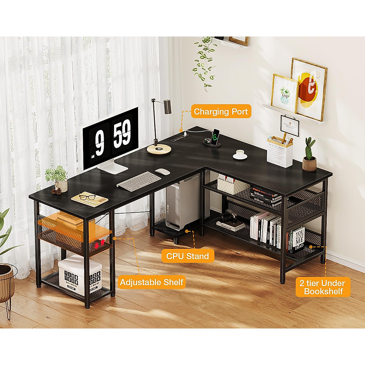ODK 59" L Shaped Desk with Power Outlet and USB Charging Ports, Reversible L Shaped Computer Desk with Storage Shelves, Home Office Desk, Gaming Desk, Corner Desk, Black