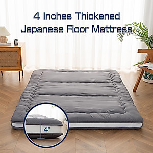 Syalife Japanese Futon Mattress Floor Mattress, 4" Thicken Roll Up Tatami Mat, Foldable & Portable Floor Bed Sleeping Pad, Traditional Shiki Futon (shikibuton), Design by Japan (Grey, 54 * 80)