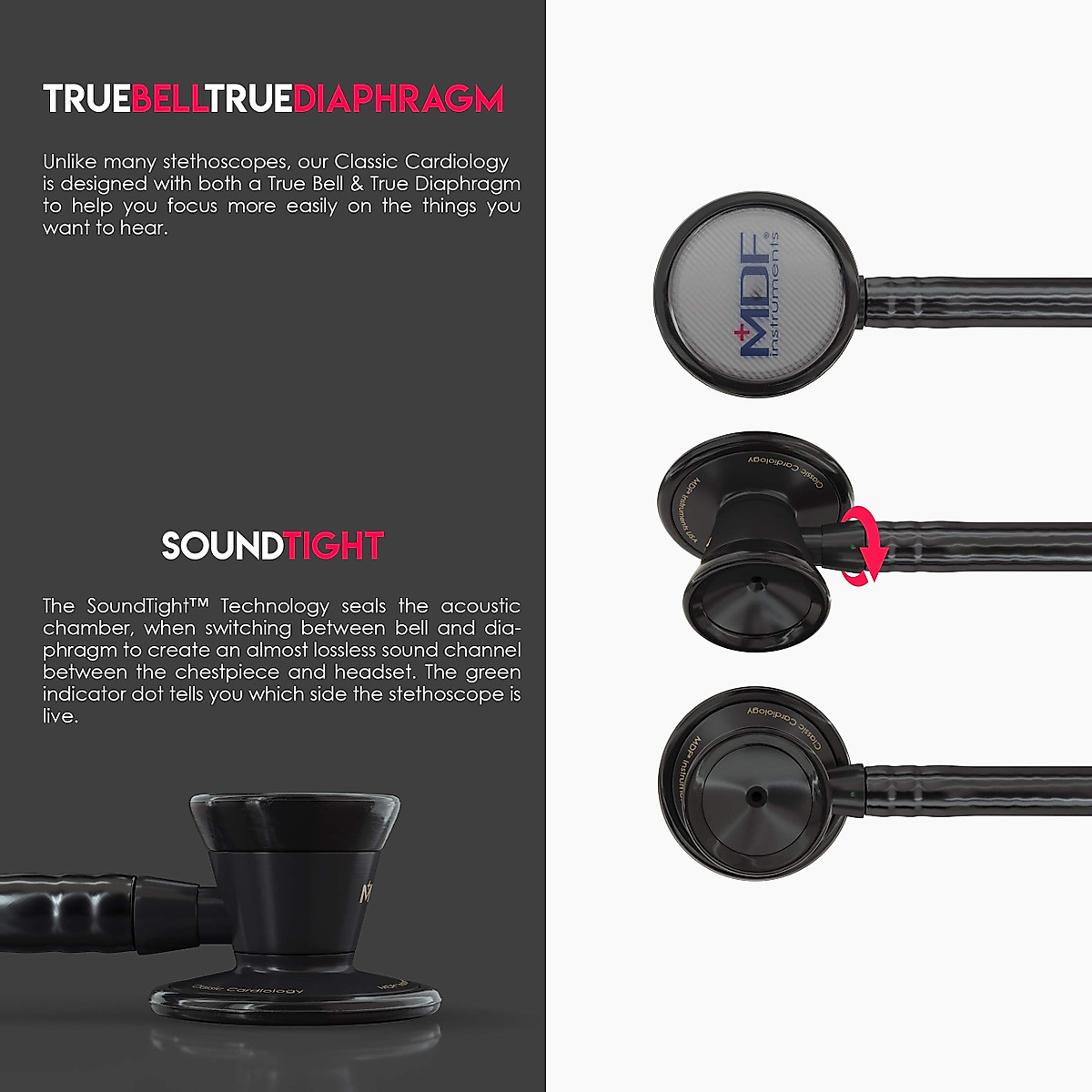 MDF Instruments, ProCardial Cardiology Stethoscope, Stainless Steel, Adult, Dual Head, Black Tube, Black Chestpiece-Headset, MDF797BO