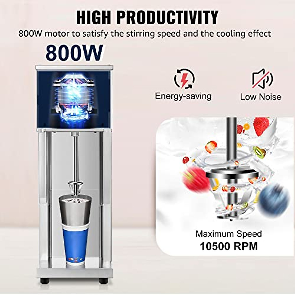 VEVOR 800W Electric Ice Cream Mixer Machine, 110V Ice Cream Blender, 10-Speed Levels Adjustable, Soft Serve Ice Cream Machine w/Splash-Proof Bezel, Commercial Ice Cream Make, Includes 3 Hand Cups