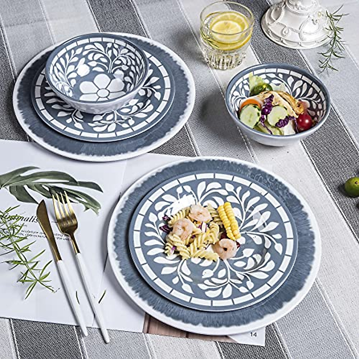 Yinshine Melamine Dinnerware Sets - Melamine Plates and Bowls Set for Daily use, Camping RVing Dishes Set, Grey