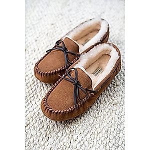 Dearfoams Women's Fireside Water Resistant Indoor/Outdoor Shearling Victoria Moccasin with Tie Slipper, Chestnut,8