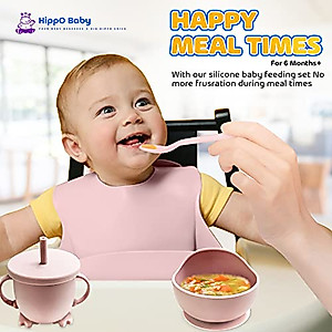 HippoBaby Silicone Baby Feeding Set | 10 Piece Baby Led Weaning Supplies | Toddler Plates Bowls Set with suction | Self Feeding Spoons | Plates for Baby Utensils | Toddler Feeding Supplies