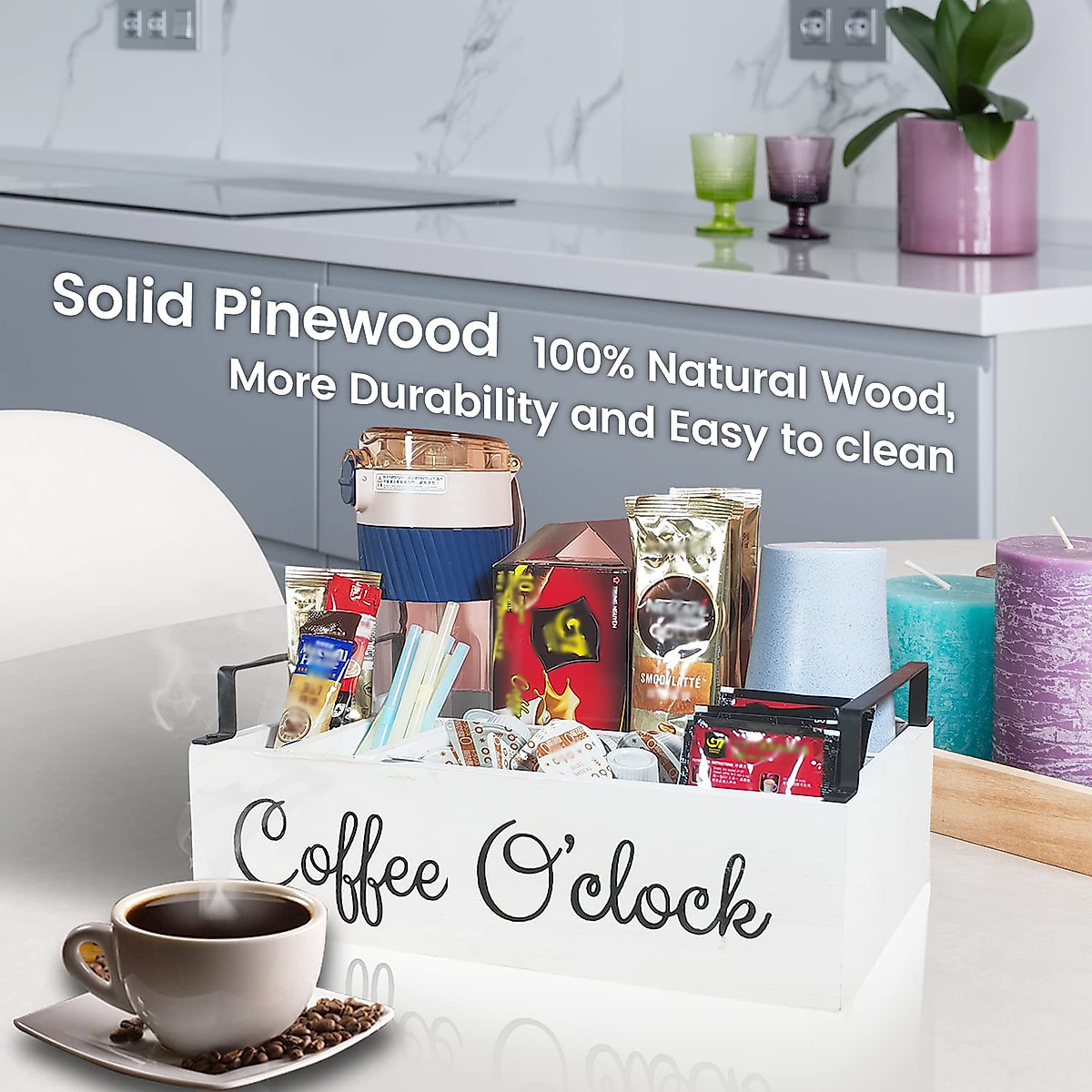 QUALLON Coffee Station Organizer with Small Removable Dividers, Wooden Coffee Bar Accessories Storage For Countertop, Farmhouse Kcup Coffee Pod Holder Basket With Handle For Coffee Lover - white