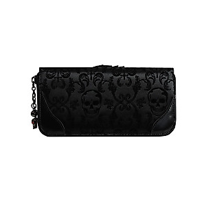 Lost Queen Black Flocked Cameo Skull Lady Rose Gothic Zip Around Wallet