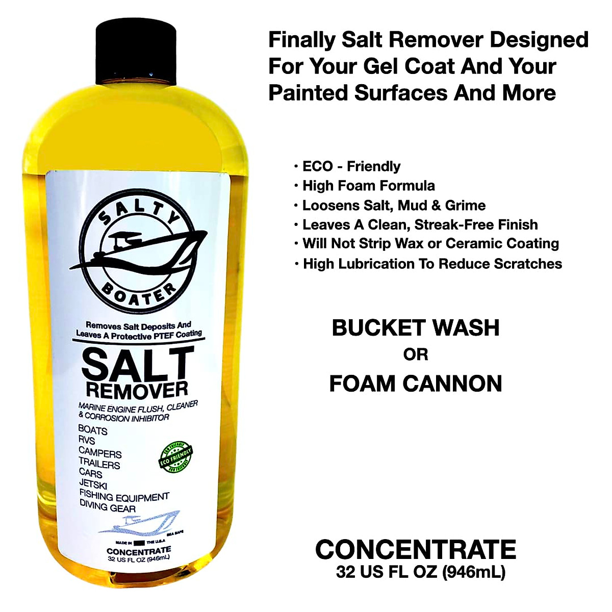 Salty Boater Salt Off Concentrate - 96 fluid ounces - Salt Remover For Boats &amp; Marine Engine Flush for Boats, Vehicles, Trailers - Winterize Cleaner &amp; Boat Wash - Wash Salt Away With or Without Cannon