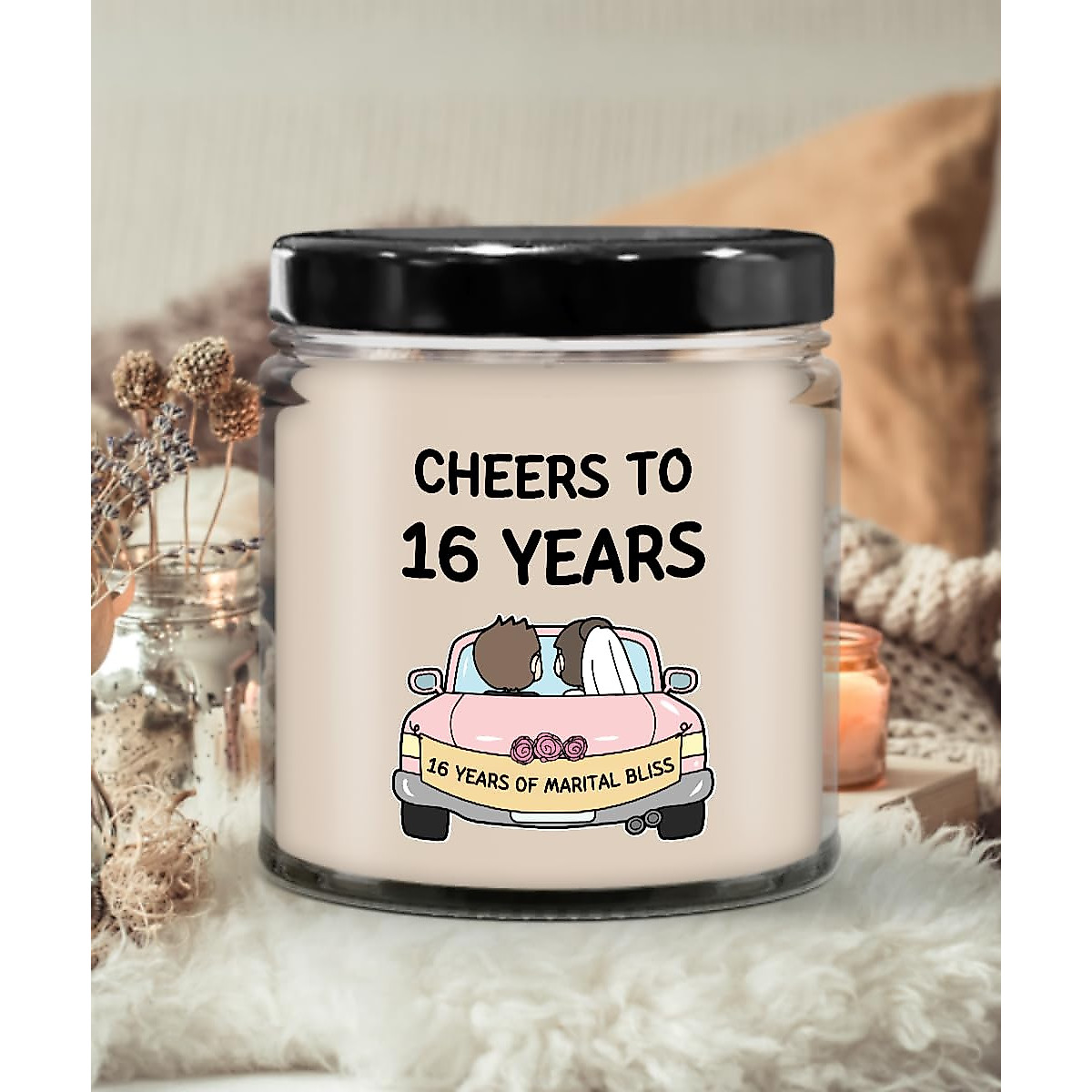 generic IKPR 16th Wedding Gift Anniversary for Wife Husband him Couples 16 Years Candle Gifts Cheers to 16 Years of Marital Bliss, White