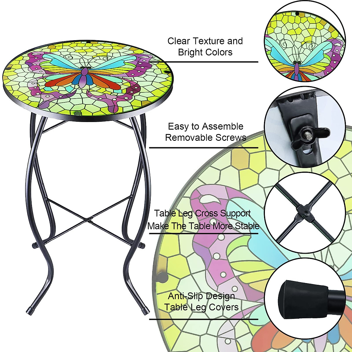 Patio Side Table Outdoor Mosaic Table Accent Coffee Table,Plant End Table Small Porch Colorful Butterfly Indoor,Round Glass Balcony Small Porch Plant Table Stands for Garden Patio Living Room 14 Inch