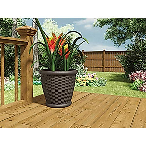 Suncast Willow 18 Inch Diameter Resin Decorative Wicker Patio Planter Pot, Java