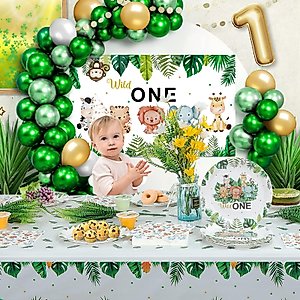 Sage Green Baby Shower Decorations Neutral Balloon Garland Kit Baby Boxes Paper Plates Napkins Tablecloth Satin Backdrop Baby Shower Decorations Party Supplies (Jungle Safari theme)