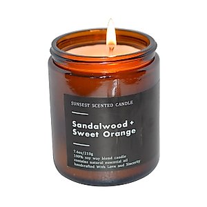 SunSest Scented Candle - for Home and Gifts- Sandalwood and Sweet Orange -Natural Soy Wax - Women and Men Candles - Long Lasting-Stress Relief
