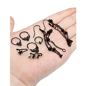 8Pcs 20G Nose Rings Hoop Chain Piercing Surgical Steel Fake Faux Nose Septum Ring Jewelry for Women Crystal Leaf Butterfly Rook Helix Cartilage Daith Piercing Jewelry,Black Nose Clip 8mm Cuffs