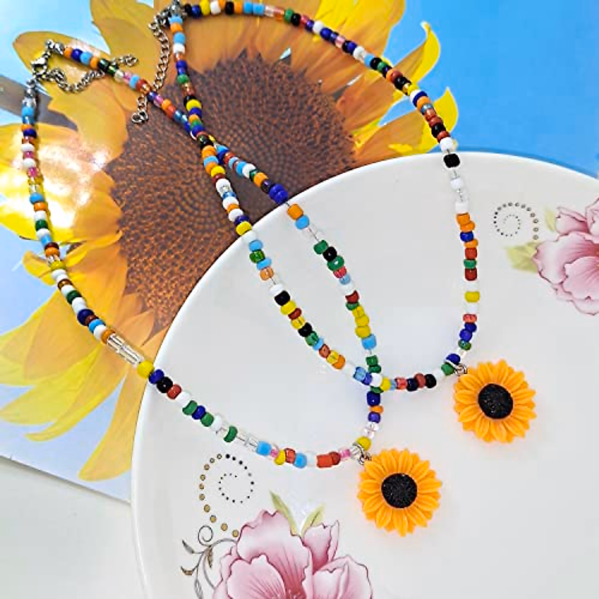 BFF Necklace For Women 2 - Handmade Colourful Beaded Charm Necklace Friendship Necklace Best Friend Necklace Jewellery Gift For Women Teenage Girls (Sunflower)