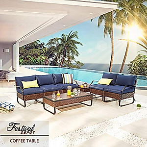 Festival Depot Patio Coffee Table Rectangle Wicker Rattan Table with Wood Grain Desktop and U Shaped Legs All Weather Outdoor Furniture for Garden Bistro 47.2"(L) x 23.6"(W) x 13.7"(H)