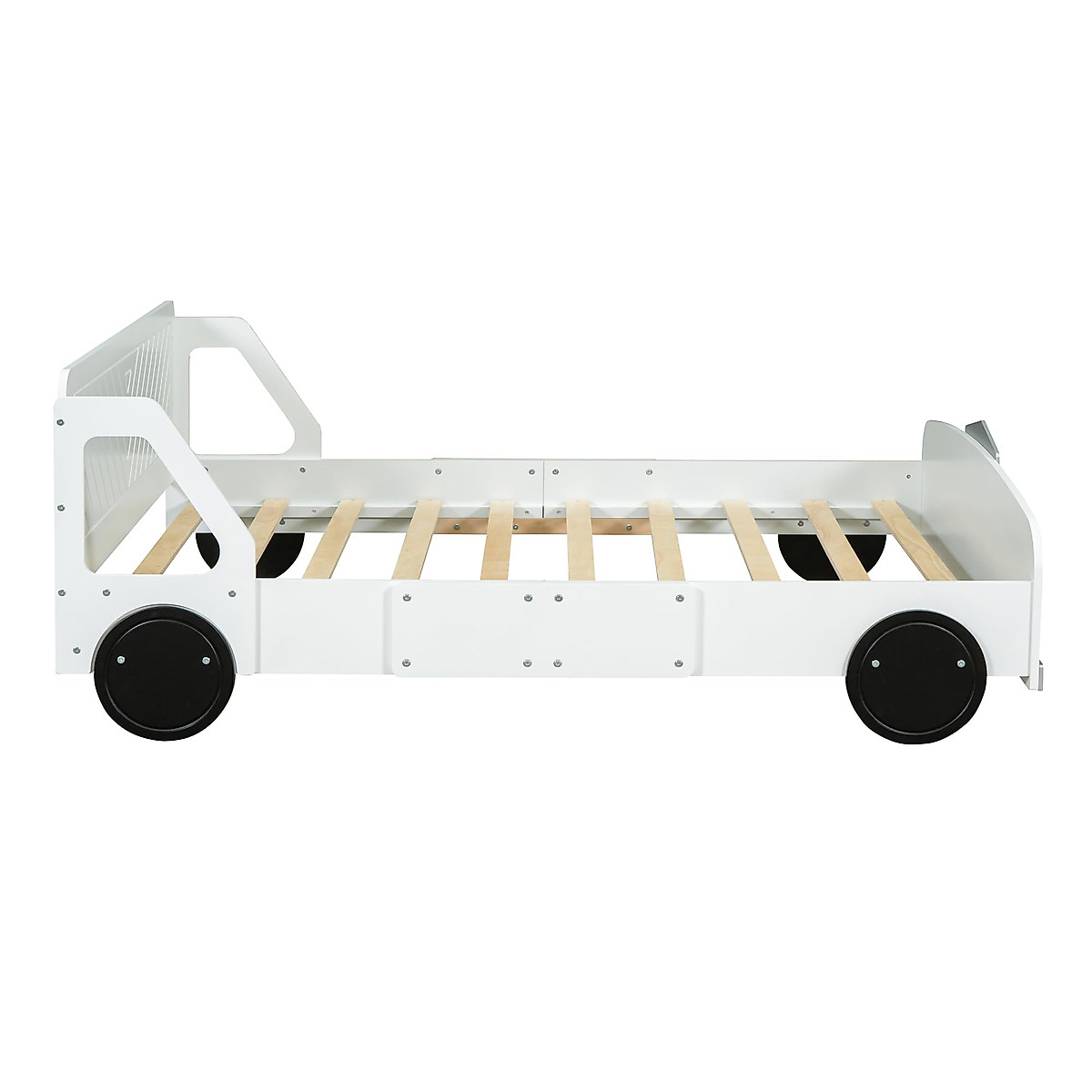 MiHunnor Kids Race Car Bed, Full Size Car-Shaped Platform Bed with Wheels, Wooden Low Platform Bed with Sturdy Slat Support for Boys Girls, No Box Spring Needed (White-002)