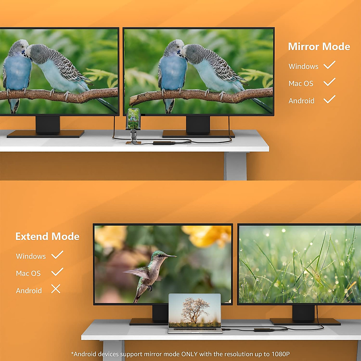 WAVLINK USB C or USB 3.0 to Dual HDMI Adapter, 1080P@60Hz Dual Monitors for Windows 7/8/8.1/10/11, Mac OS 10.10+, ChromeOS, Android,Thunderbolt 3/4, Not Compatible with Linux, iPad OS