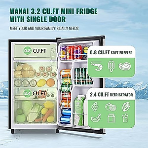WANAI Mini Fridge with Freezer 3.2 Cu.ft Single Door Small Refrigerator with 5 Temp Adjustable Control Silver Freestanding Compact Refrigerator Energy-efficient, for Home Kitchen Apartment Dorm Office