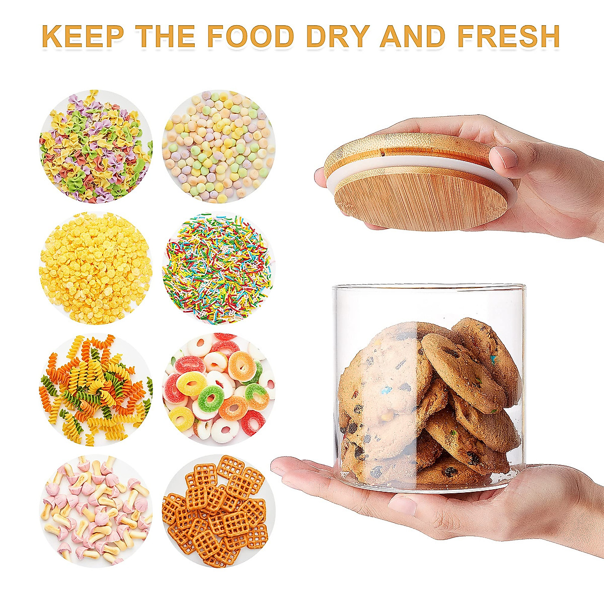 AIKWI Glass Food Storage Jars Set of 5, Airtight Glass Kitchen Canisters with Bamboo Lids, Clear Glass Canister Food Jar Kitchen Pantry Storage Container for Spaghetti, Beans, Cereal, Snacks and More