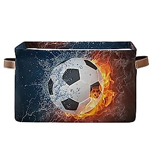 FZDXZJJ Sport Soccer Water Fire Storage Basket Bins, Football Ball Theme Decorative Baskets Storage Box Collapsible Storage Cubes Organizer with Handles for Nursery Shelf Closet Office Home Bedroom, 1 Pack