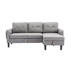 Verfur Convertible Sofa Sleeper Pull Out Bed, 3-Seater L-Shaped Couch with Storage Chaise and Side Pockets, Soft Upholstered Corner Sofa&Couches Sectional, Gray 72.44"