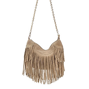 HOXIS Studded Tassel Faux Suede Leather Hobo Cross Body Chain Shoulder Bag Womens Satchel (Khaki)