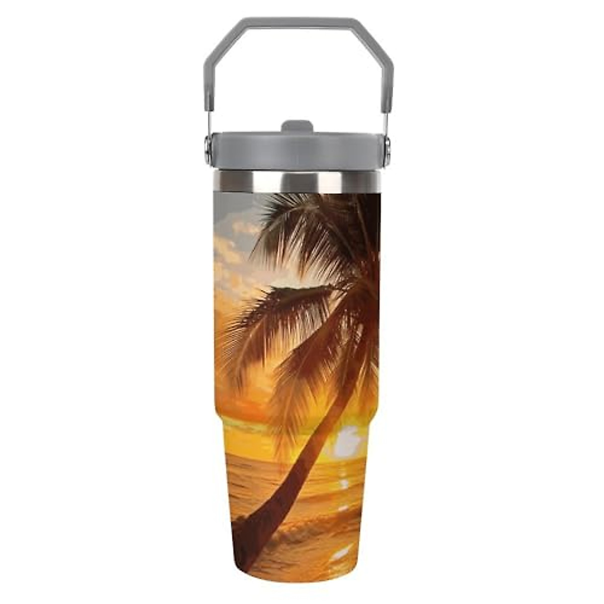 SYJTGDE Large Capacity Car Cup Tropical Beach Palm Tree Sunset Fashionable Upgrade Car Cup Advanced And Beautiful Travel Cup