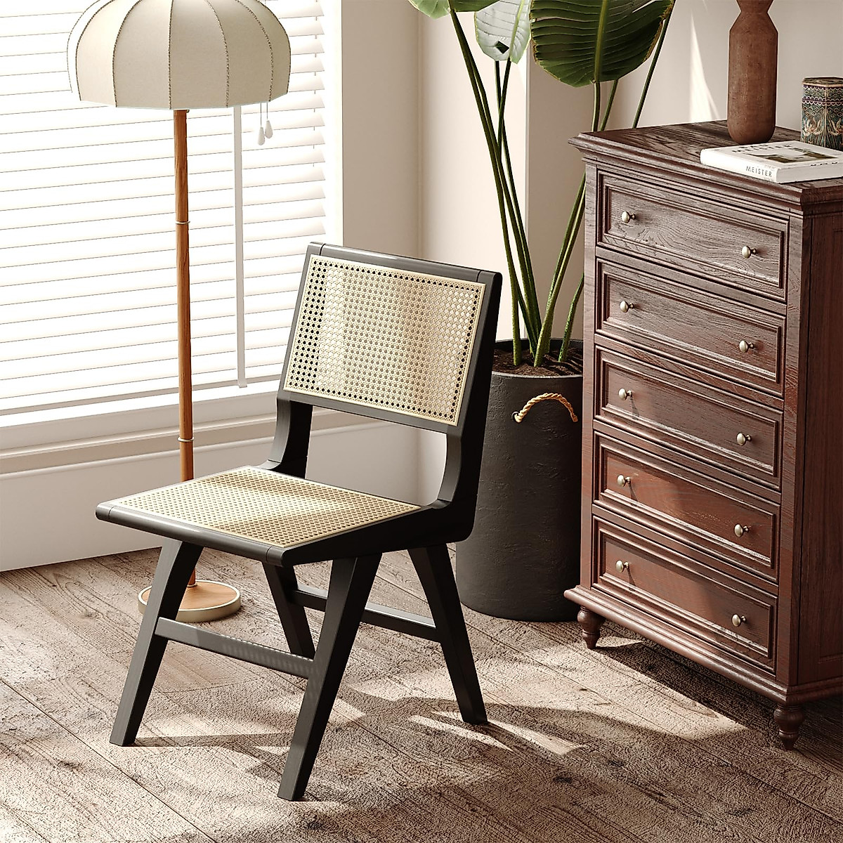 Accent Chair Dining Chairs Set of 2, Solid Wood Frame Boho Rattan Chair, Mid Century Modern Accent Chairs for Living Room Bedroom Dining Room Kitchen(Black)