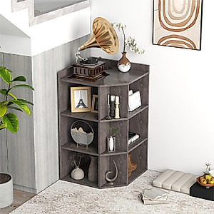 Byroce 9 Cube Corner Cabinet, 3-Tier Wooden Cube Storage Organizer Bookshelf with Charging Station, 2 USB Ports & 4 Outlets, 90 Degree Cubby Corner Shelf for Living Room, Bedroom & Playroom (Gray)