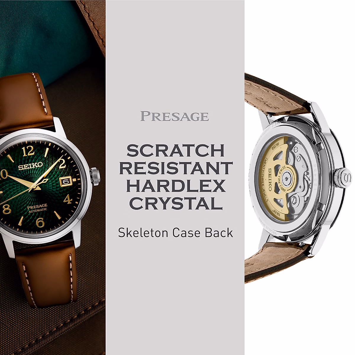 SEIKO SRPE45 Automatic Watch for Men - Presage Cocktail Time - Patterned Green Dial with Golden Numerals and Date Calendar, 50m Water-Resistant