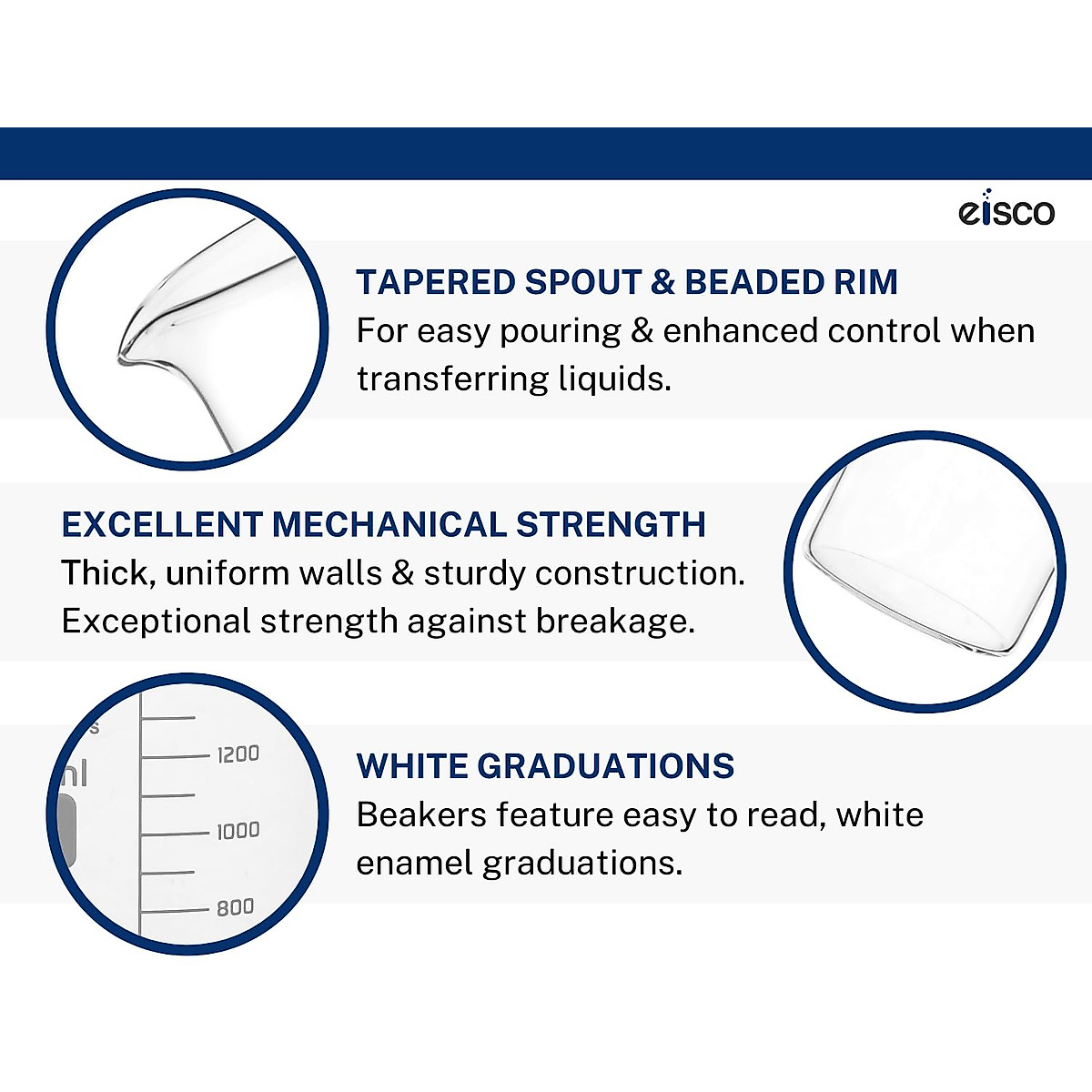 EISCO 6PK Heavy Duty Beakers, 600ml - 5mm Thick, Uniform Walls - Superior Durability & Chemical Resistance - White Graduations - Borosilicate 3.3 Glass